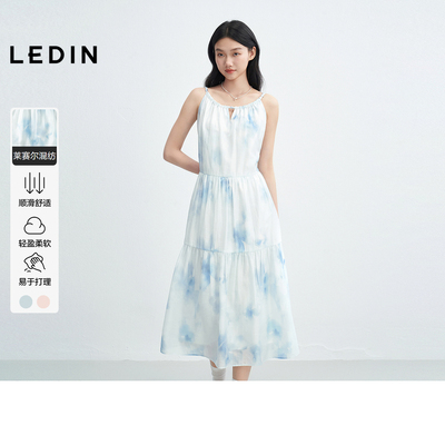 乐町天丝麻晕染花连衣裙女2025年夏季新款U型吊带蝴蝶结飘带裙子