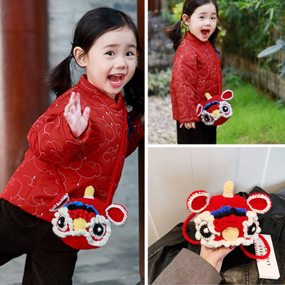 新年喜庆儿童醒狮斜挎钩织纯棉包包男女童可爱针织毛线单肩包编织