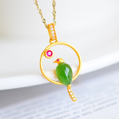 特色设计s925银镶和田玉俄料碧玉古法放飞吊坠配送银链子10337-6