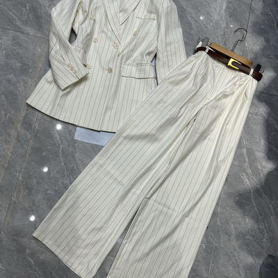 可可-米白色条纹西装+阔腿裤套装(配腰带)A974