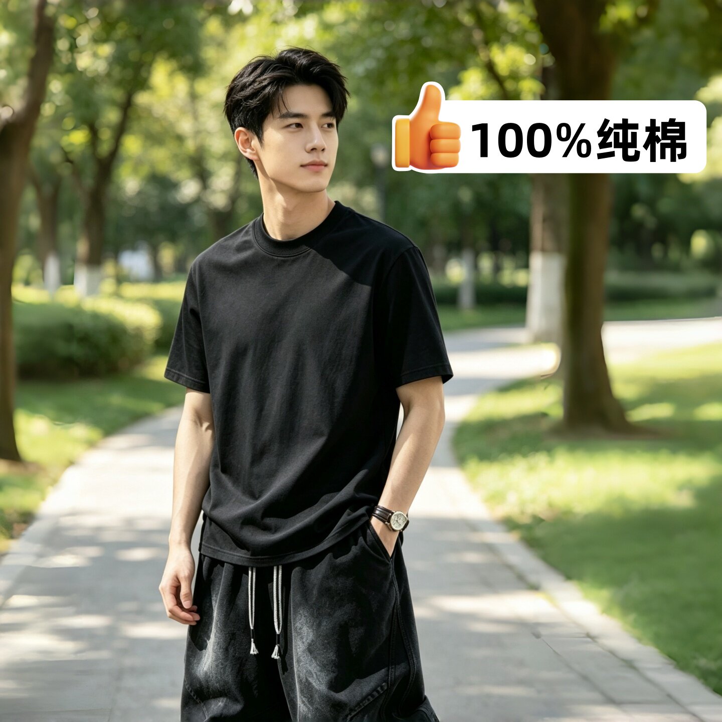 100%纯棉短袖T恤男宽松圆领透气速干黑色上衣男士日常简约基础款