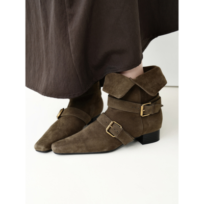 小众设计复古短靴方头麂皮西部靴