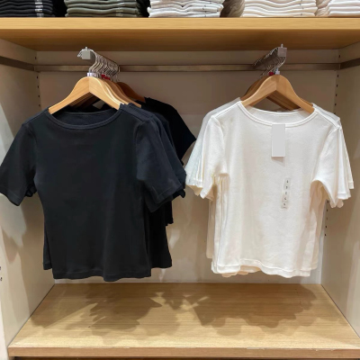 女装罗纹船领条纹五分袖T恤修身上衣26春夏新款486466/483467