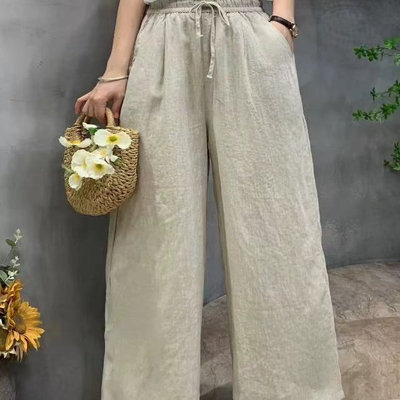 100%纯亚麻阔腿裤25夏新款日系文艺舒适宽松休闲裤宽腿裤女装长裤