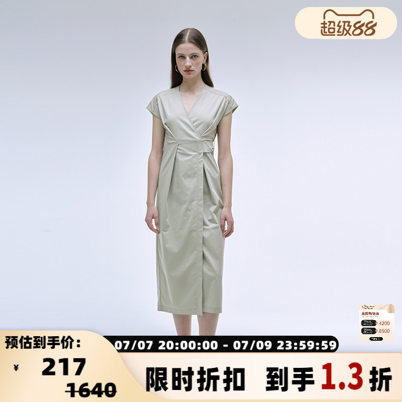 【折扣】INSPIRE STORIES 春夏款裹裙绿色V领系带女士连衣裙