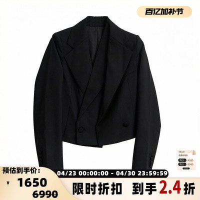rta女士高级感通勤风纯黑假两件短款西装外套 银泰百货 301596
