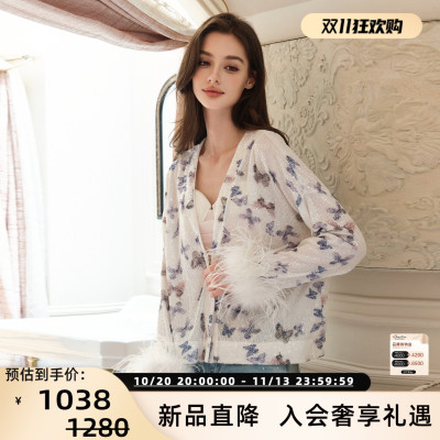 FLONAKED 新款女士蝴蝶亮片印花鸵鸟毛重工短外套银泰百货 300170