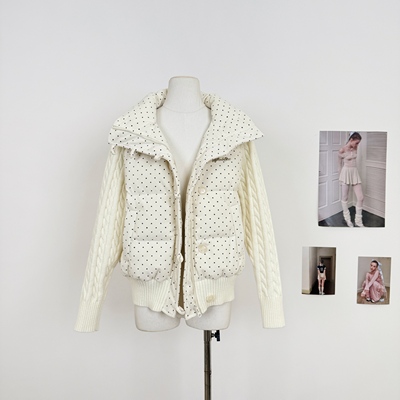 M.Y原创设计 波点针织拼接长袖羽绒服50白鸭绒面包服短款外套女