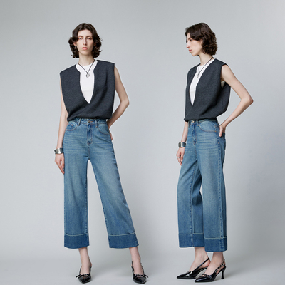AMAC JEANS-奢级薄绒 冬季新款高腰加绒直筒九分卷边时髦牛仔裤女