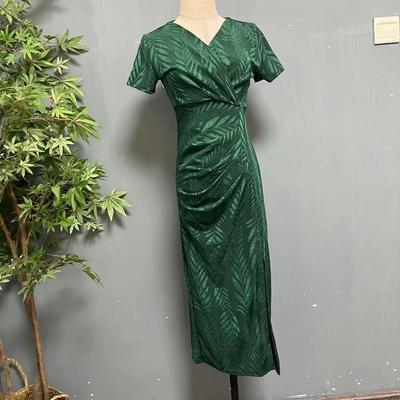0217-60欧美大牌提花树叶亮丝弹力裙子新款短袖开叉收腰连衣裙