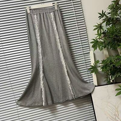 0123-46韩国单轻奢优雅风灰色包臀鱼尾半身裙蕾丝拼接中长款裙子