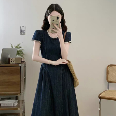 AO2-系小女人收腰拼接花边洗水牛仔薄料连衣裙通勤百搭连衣裙6063