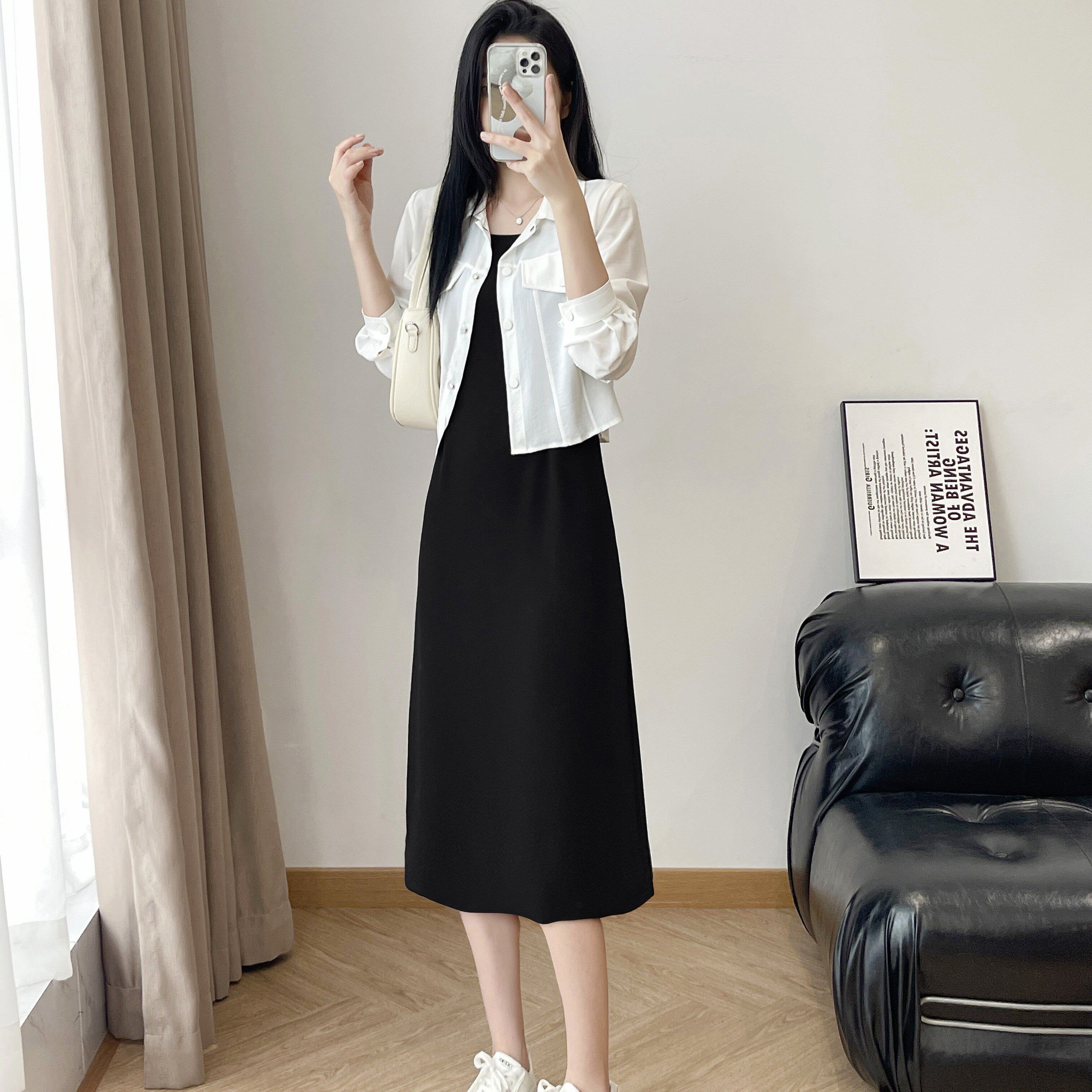 白色衬衣搭西装吊带连衣裙两件套女夏季收腰显瘦A字裙中长款