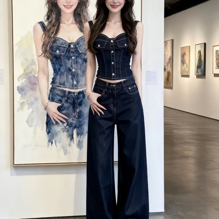 夏季小个子独特漂亮穿搭一整套气质牛仔吊带上衣阔腿裤两件套装女