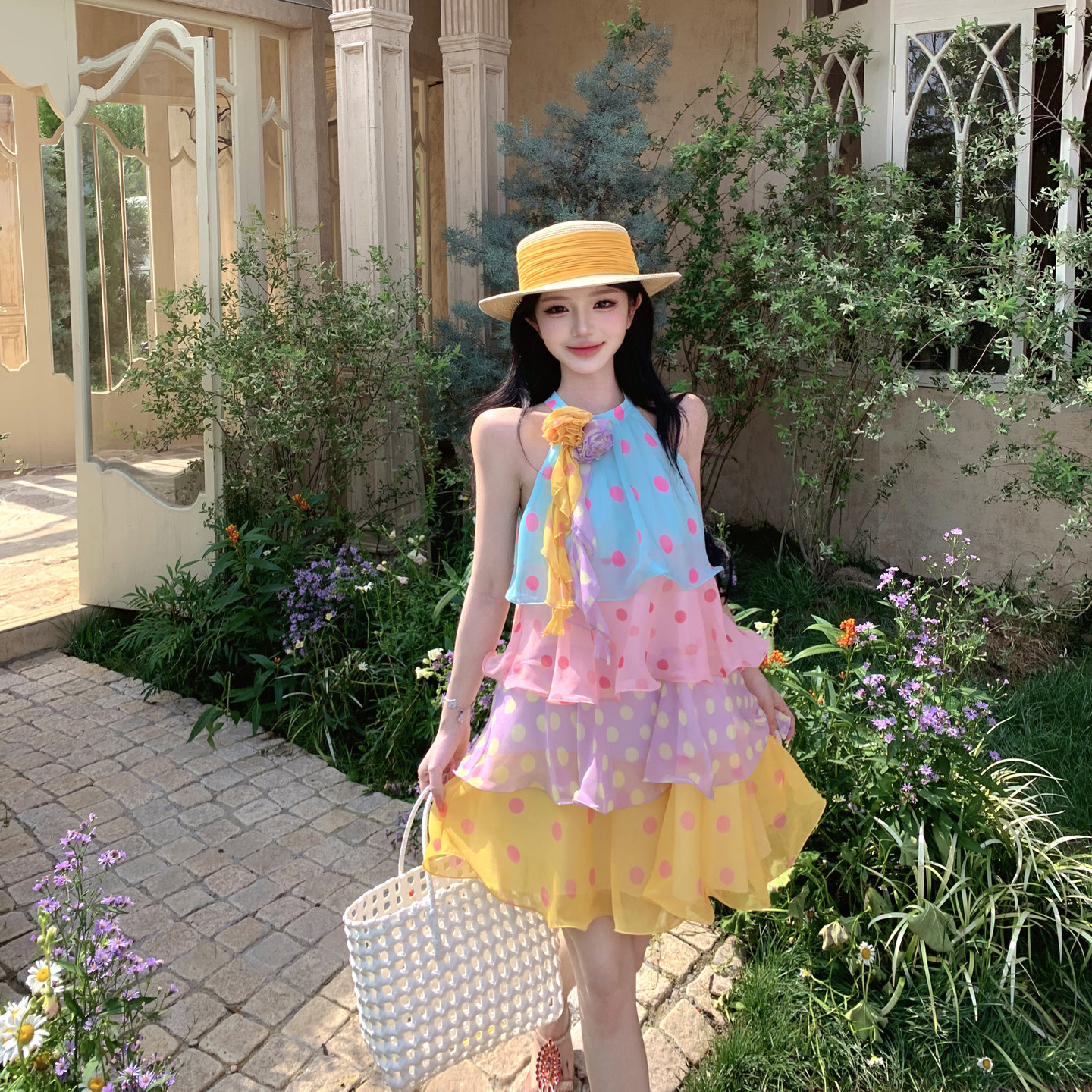中长款彩色无袖挂脖a字波点蛋糕连衣裙女夏季甜美裙子