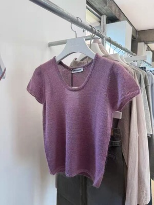 Onmi秒发韩国lowclassic紫色圆领短袖针织衫上衣女休闲小衫