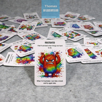 跨境英文启蒙FlashCard儿童情绪认知闪卡小怪兽卡文字SEL社交情感
