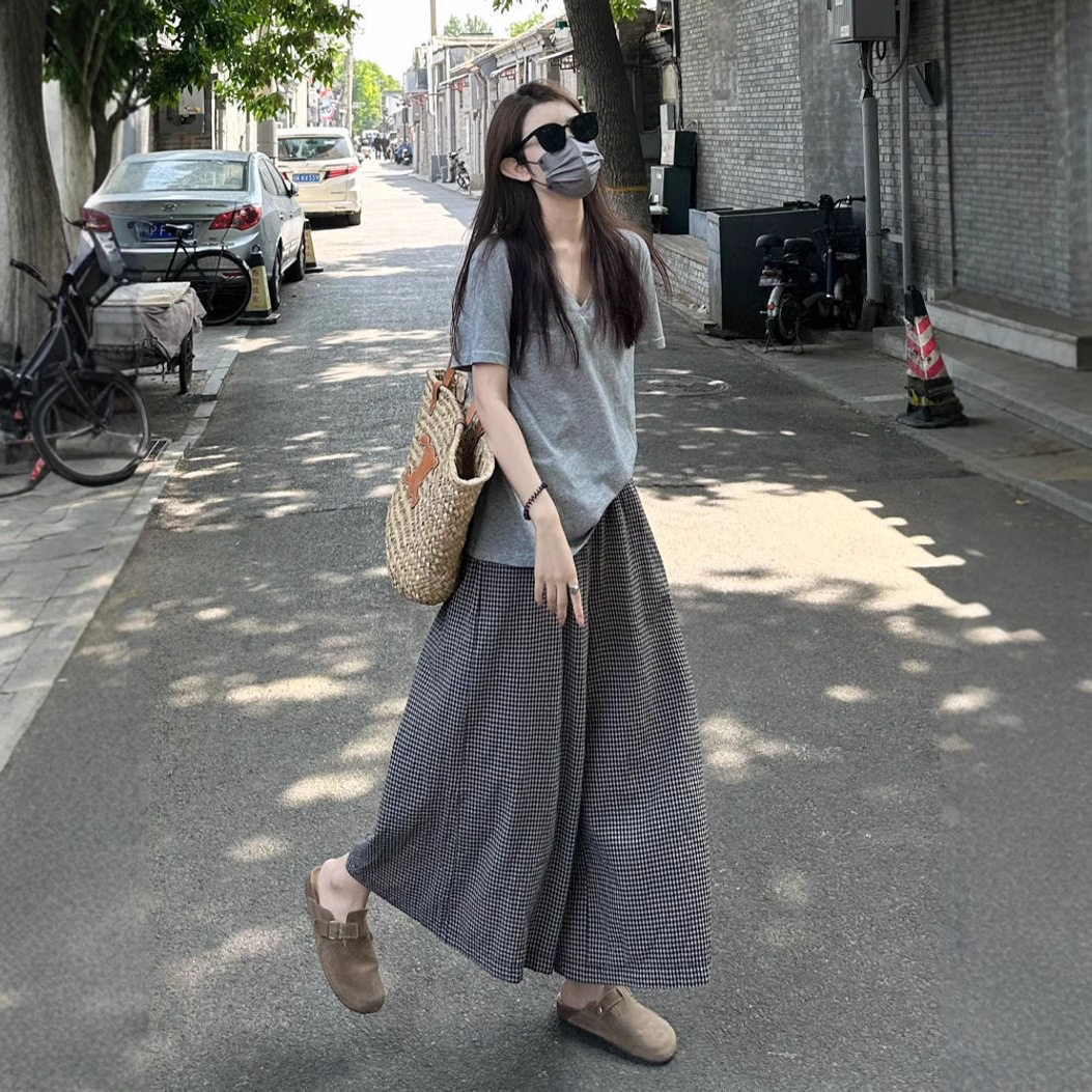 茶系搭配一整套夏季V领短袖清冷感禅意套装格子阔腿裤裙两件套女