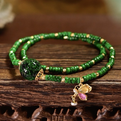 天然干青翡翠雕花圆珠算盘珠手链