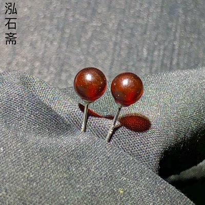 1A944 天然血珀灯泡耳钉转运珠款女6mm净水琥珀首饰礼物s925银