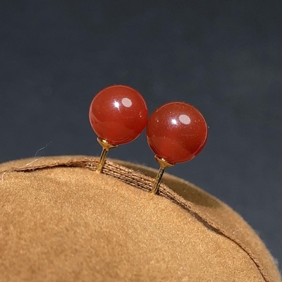 OO0077 天然红玛瑙耳钉灯泡款8mms925银本命年红色耳饰礼物女耳坠