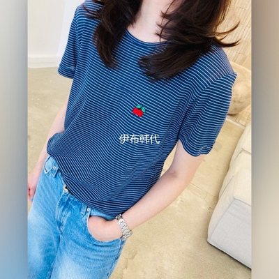 圆领休闲细条纹贴布樱桃短袖T恤