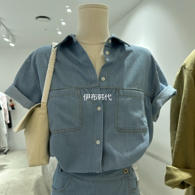 翻领休闲纯色口袋短袖牛仔衬衫