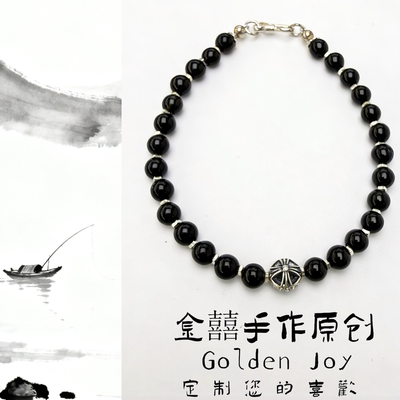 天然黑曜石通体925碎银圆十字架转运珠原创手串男女同款纯银手链