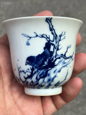 1915年民国长湖竹溪道人王步绘青花鲶鱼花鸟纹酒杯茶杯