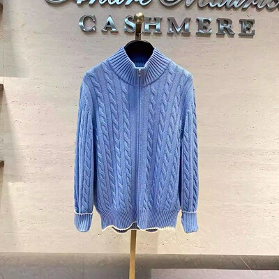 蓝色纽花立领羊绒开衫