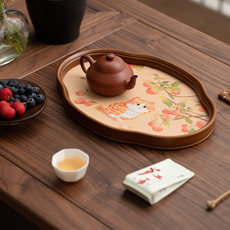 新款海棠玻璃金鱼萌猫茶托盘竹制干泡茶盘家用茶室水果点心盘收纳