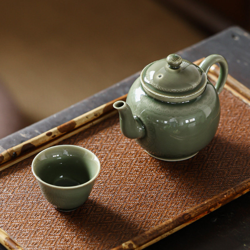 复古风陶瓷越窑茶壶茶杯套装绿色功夫茶具整套礼盒高档送礼喝茶壶