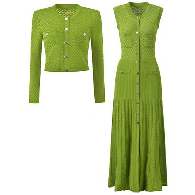 夏季镂空淑女针织上衣连衣裙套装