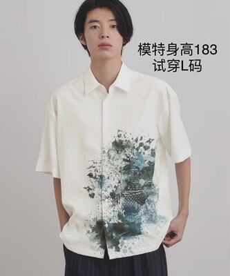 日单贵牌TAKEO KIKUCHI tk男士夏季短袖衬衣宽松休闲轻量弹力印花