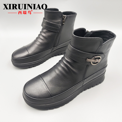 西瑞鸟全牛皮加绒保暖短靴休闲靴