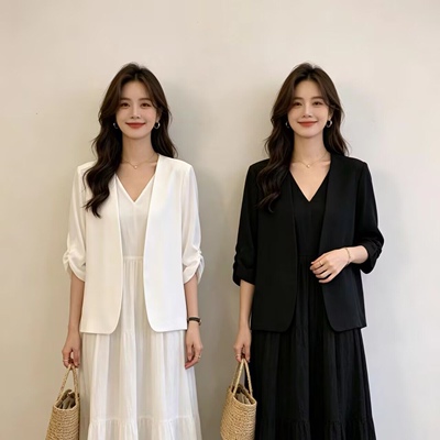 C5052 版型巨美 抽褶五分袖 醋酸V领西装外套 女