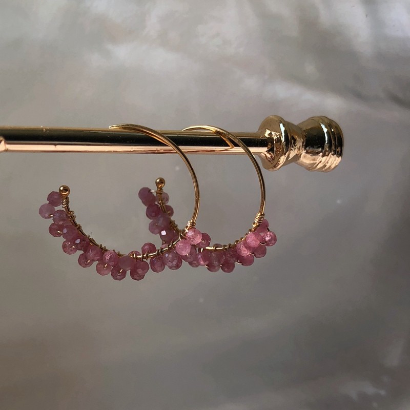 TYUSHA绕线花环 天然粉碧玺美国14K包金桃花耳环耳钩女糖果饰品