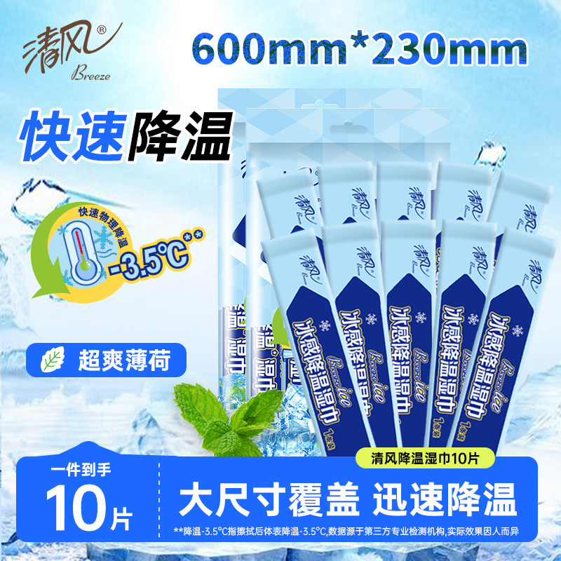 清风冰感降温运动毛巾湿巾纸10条止汗去味清凉感户外运动便携湿巾