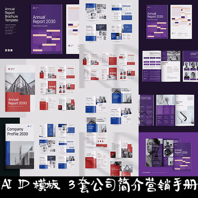Indesign/AI模板3套A4年度报告公司品牌营销财务数据VI提案ID画册