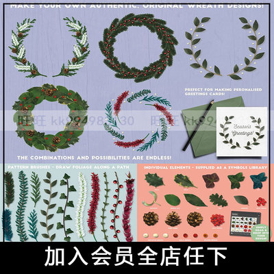 AI矢量笔刷笔触 35款植物花卉节日圣诞绘画 Illustrator画笔素材