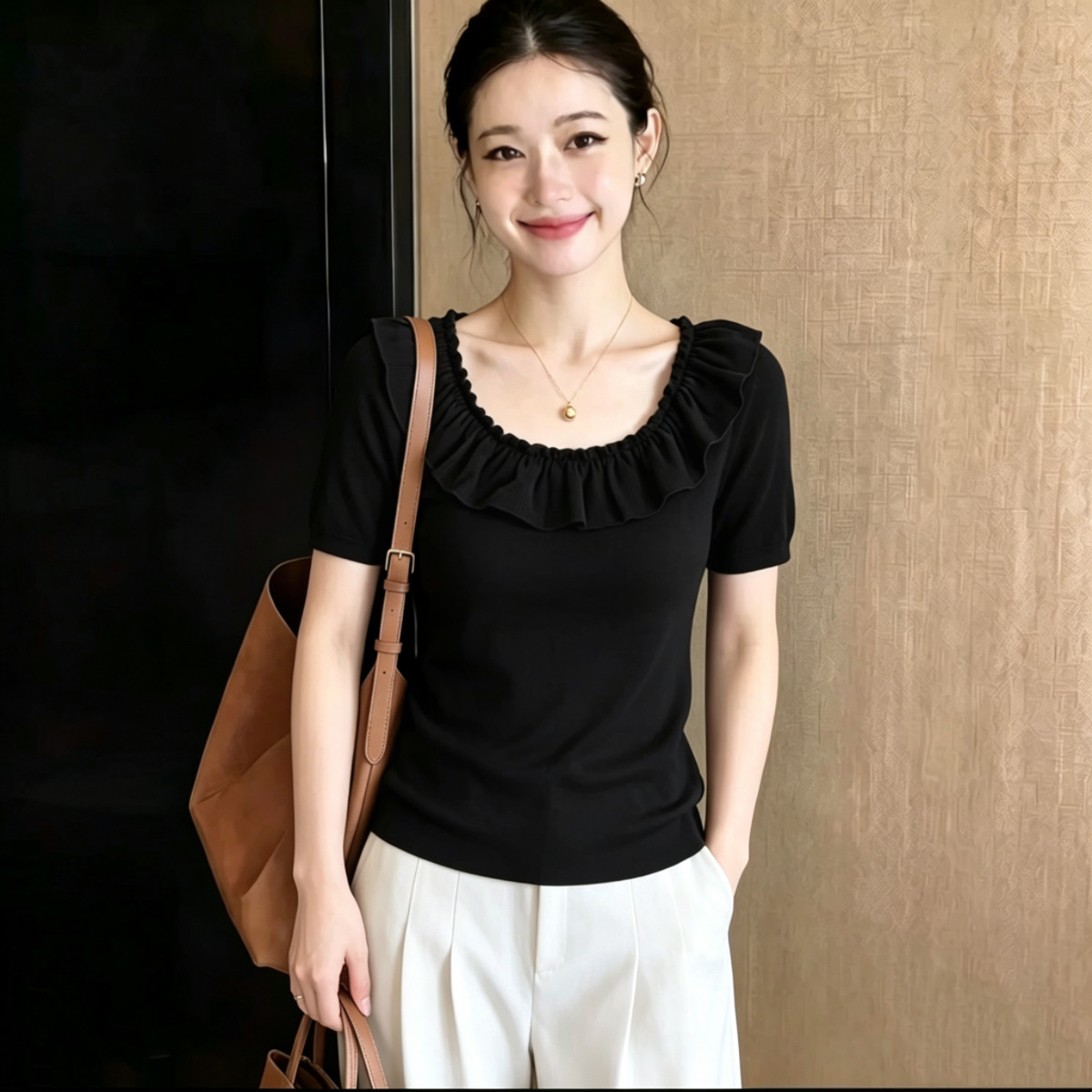 新品210克精棉大尺码女装2026夏季新款法式温柔蝴蝶结系带短袖T恤