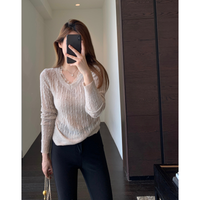 AMR UU◆纯欲风～时髦蕾丝花边毛衣V领绞花显瘦针织上衣女秋冬新