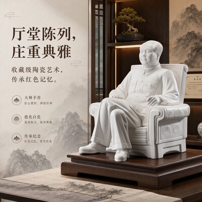 白色陶瓷毛主席坐像为人民服务摆件家居装饰品书房办公室工艺品