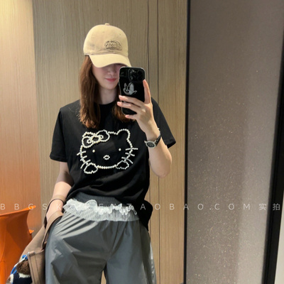 真的谁穿谁瘦～现货高品质直角肩正肩黑色软棉钉珍珠短袖T恤