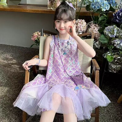 2025新款女童夏季高品质重工亮片美人鱼挂脖连衣裙女孩时髦公主裙