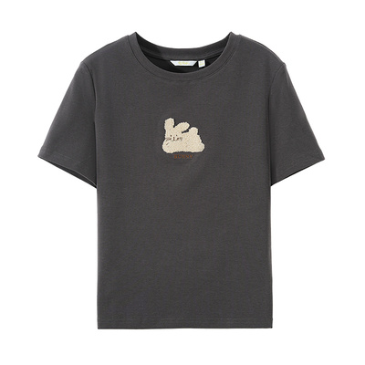 普普风商场同款女装简约圆领短袖休闲上衣小兔子毛巾绣T恤女23074