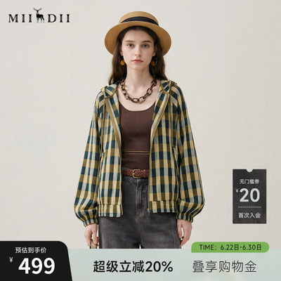 谜底连帽宽松外套女2025秋新款复古学院风格纹夹克长袖257MW7701