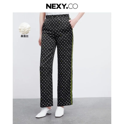 奈蔻正品桑蚕丝通勤复古老花撞色直筒休闲长裤XV02141W0
