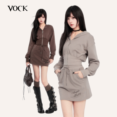 VOCK 甜茶泡芙 美式辣妹运动风两件套装连帽收腰卫衣短裙子小个子