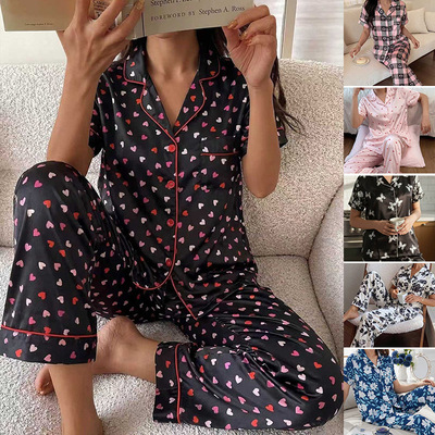 牛一库Pajamas色丁家居服亚马逊欧美女装仿真丝女士短袖睡衣夏季